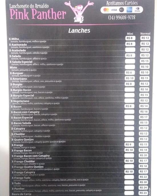 Menu at Lanchonete do Arnaldo - Pink Panther pub & bar, Brotas
