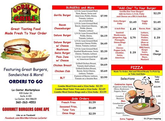 Menu at Gorilla Grill restaurant, La Center
