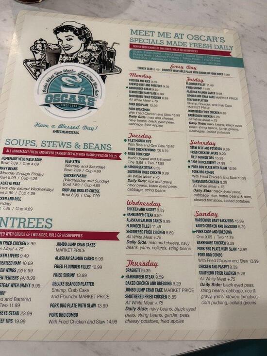 Menu at Oscar's Restaurant, Roanoke Rapids