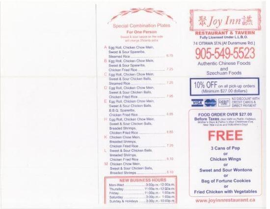 Menu at Joy Inn Restaurant & Tavern, Hamilton