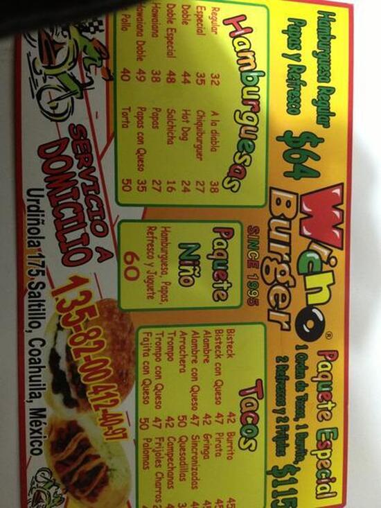Carta de comida rápida Wicho Burger, Saltillo, Prol Street