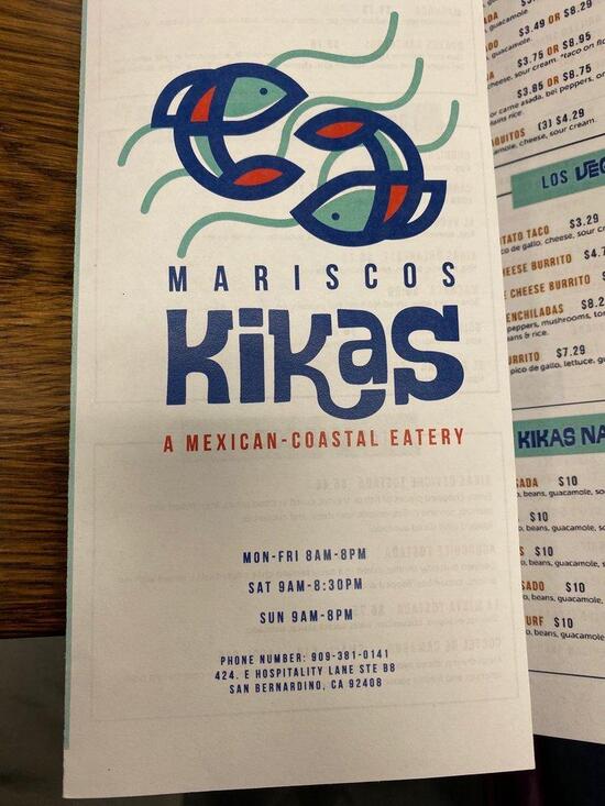 Menu at Mariscos Kikas restaurant, San Bernardino