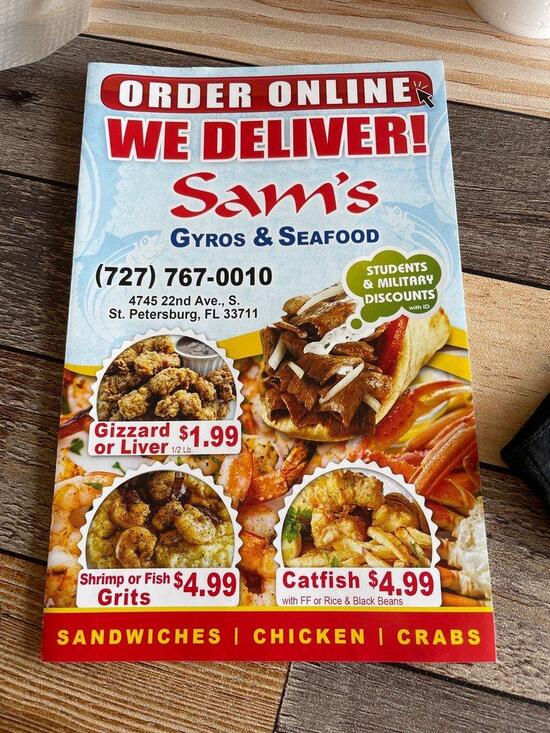 Menu at Sam's Gyros and Seafood restaurant, Gulfport