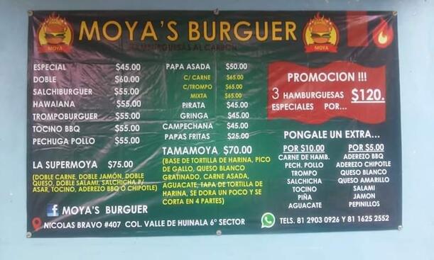 Menu at Moya's Burguer restaurant, Ciudad Apodaca