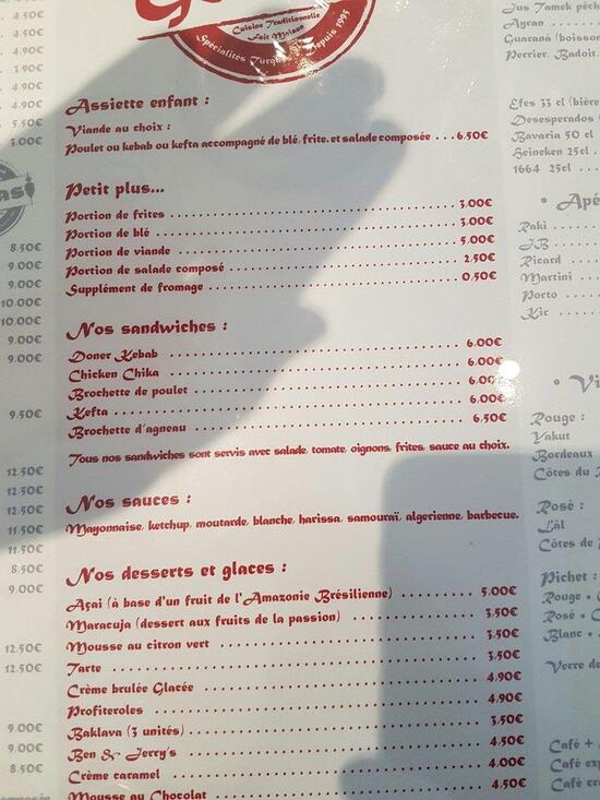 Menu at Golbasi fast food, Vitry-sur-Seine