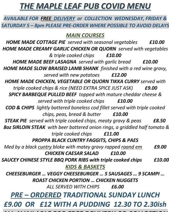 Menu at The Maple Leaf pub & bar, Worcester