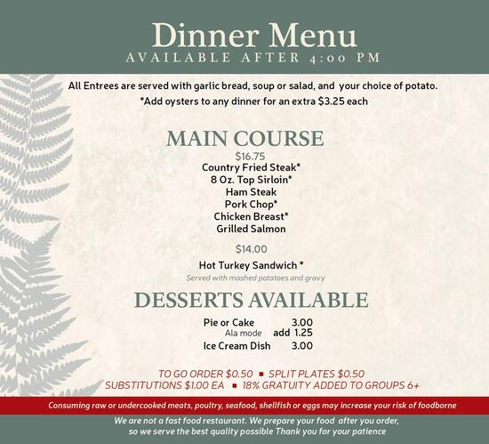 Menu at Fern Restaurant & Lounge, Tillamook