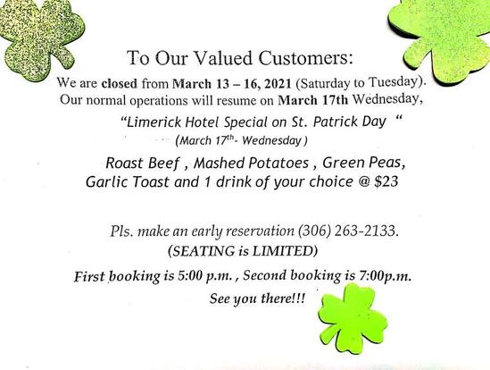 Menu at Limerick Hotel pub & bar, Limerick