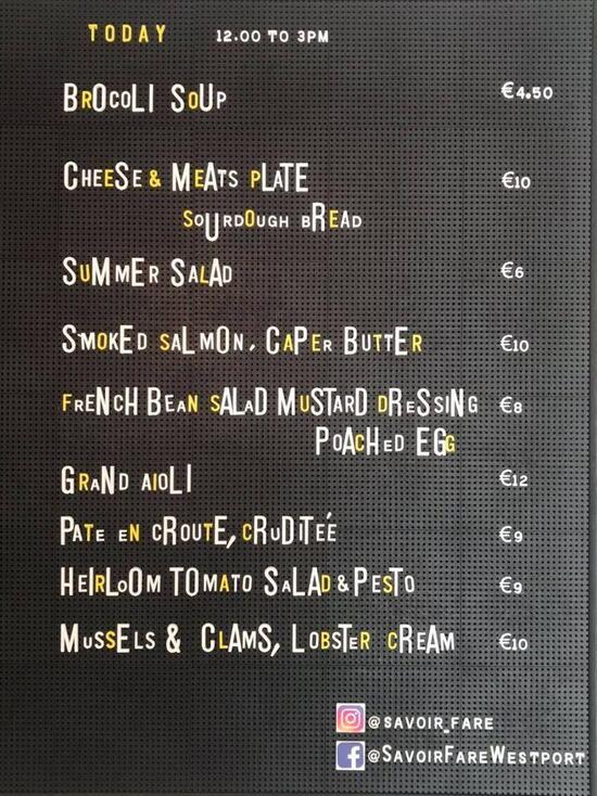 Menu at Savoir Fare cafe, Westport