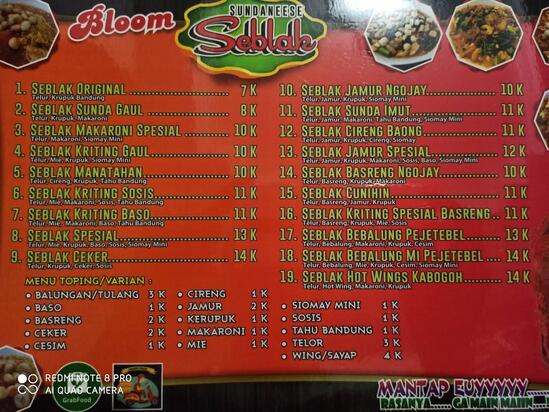 Carta del restaurante Seblak Bloom Amarin Tamkot, Ajibarang Kulon