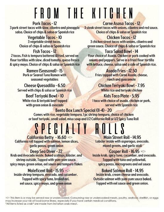 Menu at Elevation Sushi and Tacos restaurant, Bridgton