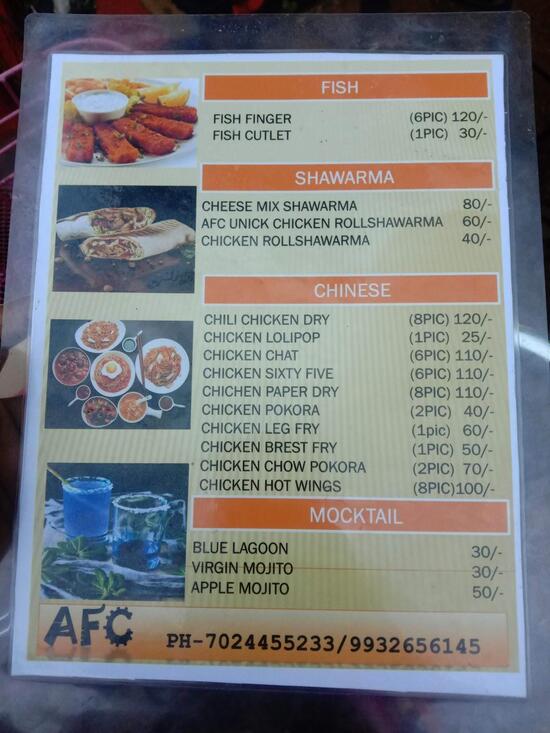 Menu at AFC, Memari