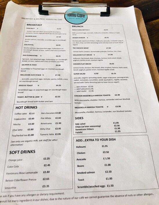 Menu at Tamu Cafe, Birmingham