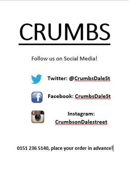 Menu at Crumbs fast food, Liverpool