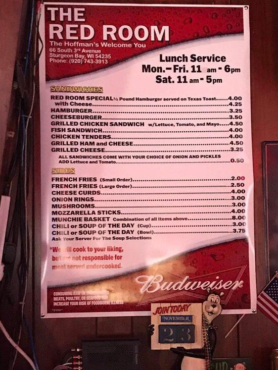Menu at Red Room pub & bar, Sturgeon Bay