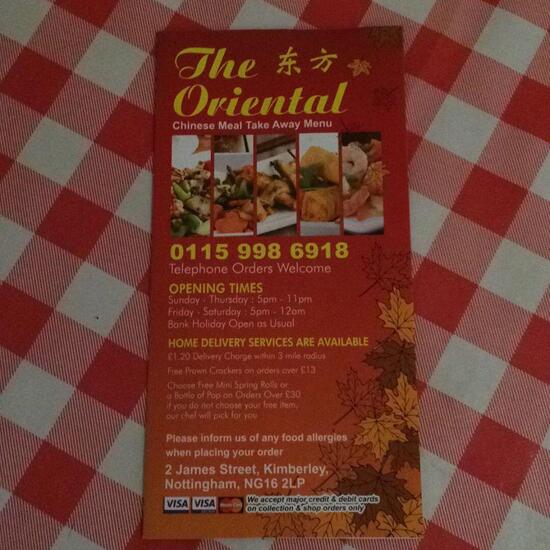 Menu at The Oriental fast food, Kimberley, 2 James St