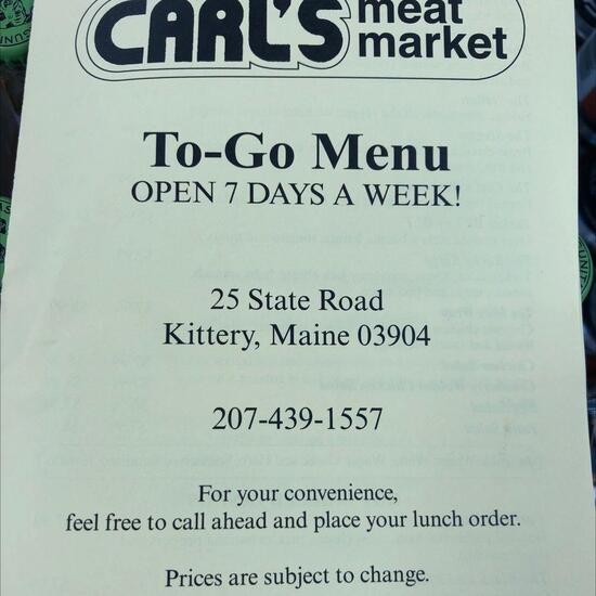 Menu at Carl's Meat Market restaurant, Kittery