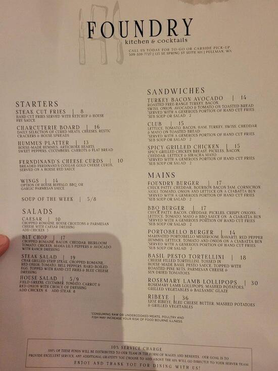 Menu at Foundry Kitchen & Cocktails pub & bar, Pullman
