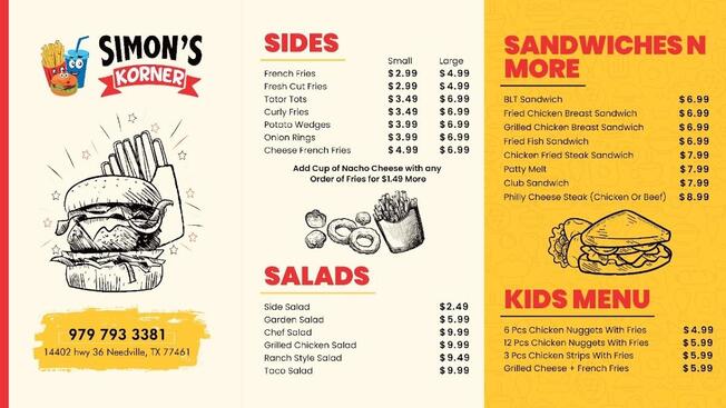 Menu at Simon's Burger Grill & More restaurant, Needville