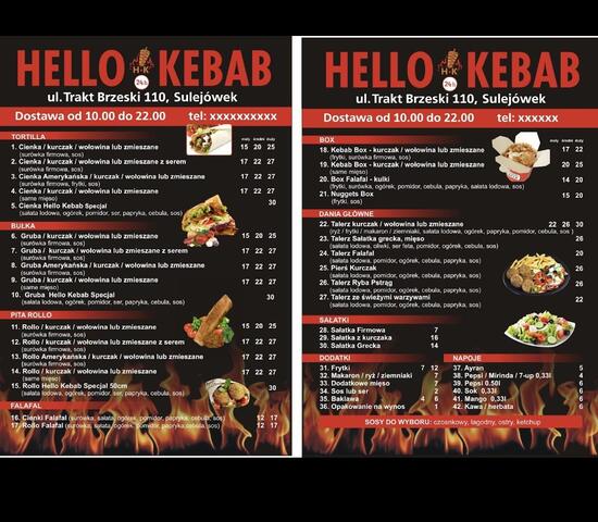 Menu at Hello Kebab restaurant, Sulejowek