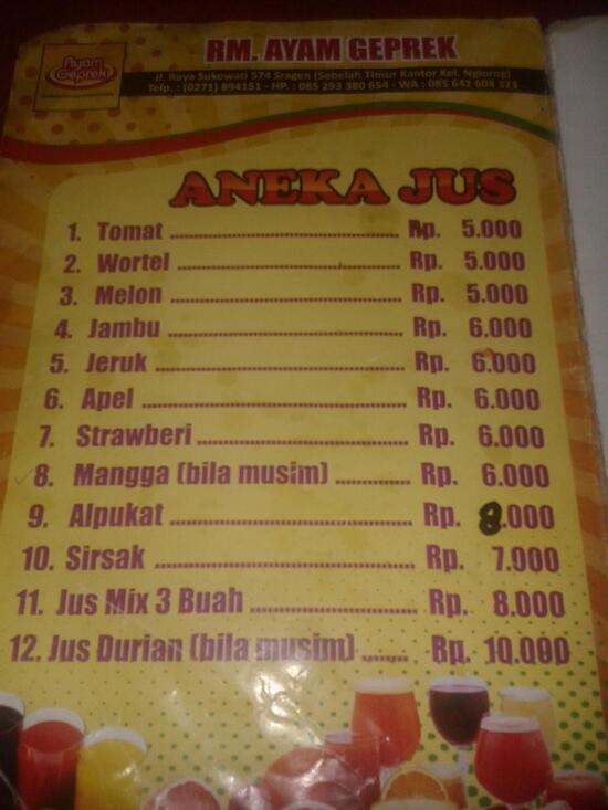 Menu at Ayam Geprek restaurant, Sragen, Jl. Raya Ngawi - Solo