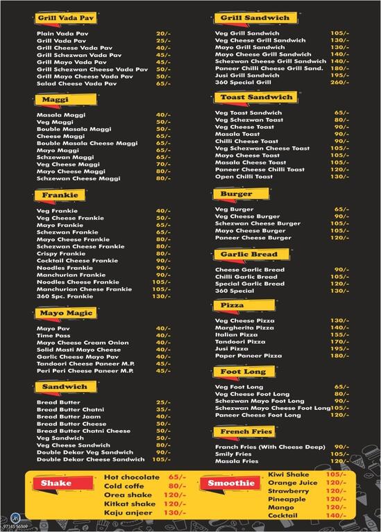 Menu at 360 chai Shai and fast food, Surat