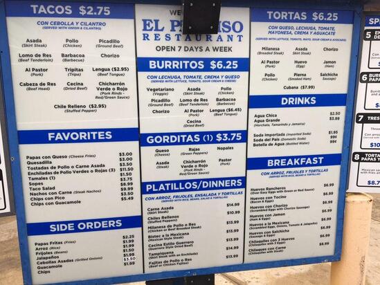 Menu at El Paraiso restaurant, Elgin, 415 Summit St