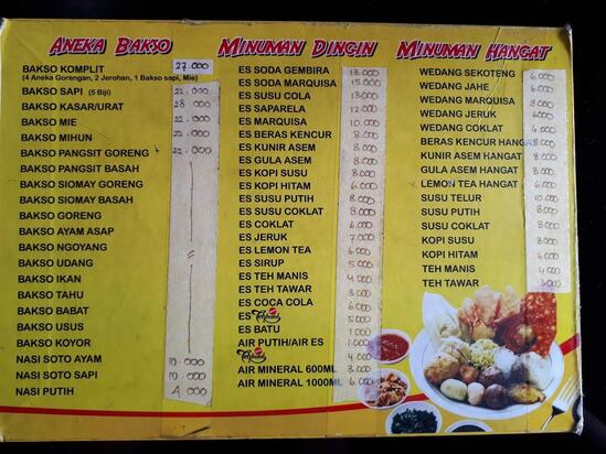 Menu at Rumah Makan Bakso Soko Roso restaurant, Salatiga