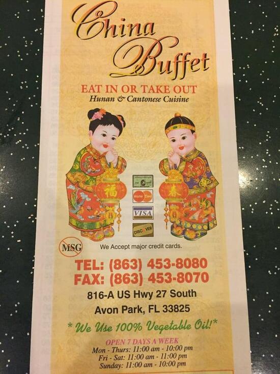 Menu at China Buffet restaurant, Avon Park