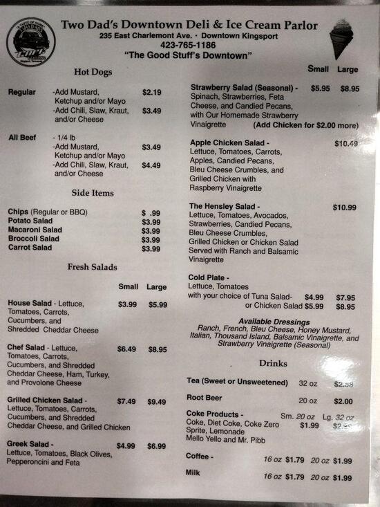 Menu at TWO DADS Deli, Ice Cream Parlor & Espresso Bar, Kingsport