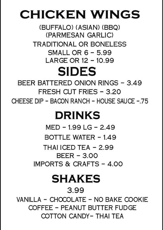 Menu at Buns restaurant, Weston