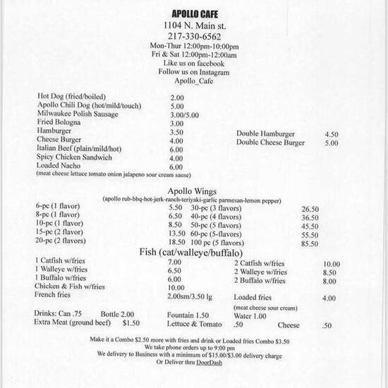 Menu at Apollo Cafe, Decatur