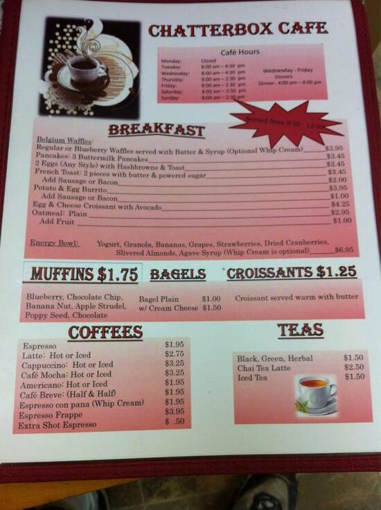 Menu at Chatterbox Cafe, Phoenix