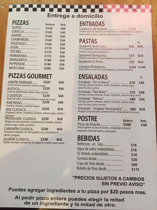 Menu at Pizza Classica pizzeria, Mexico City