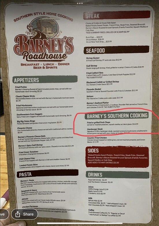 Menu at Barney's Roadhouse, Gadsden