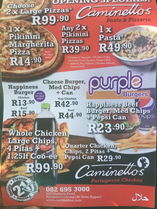 Menu at Caminettos pasta and pizzeria Pietermaritzburg, Pietermaritzburg