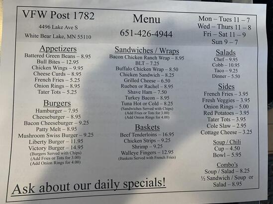 Menu at Vfw Post 1782 pub & bar, White Bear Lake