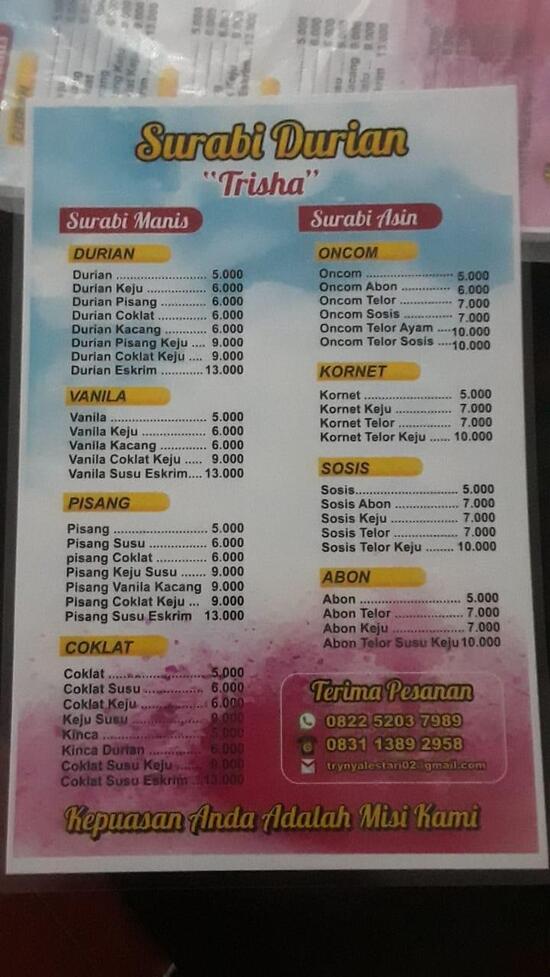 Menu at SURABI DURIAN " Trysha " cafe, Tuwel