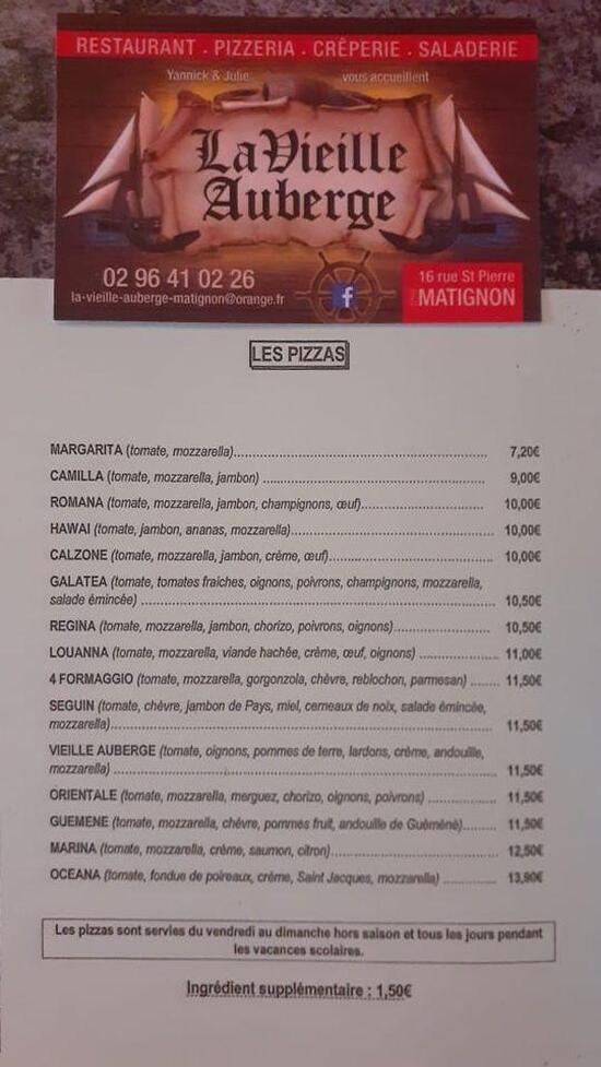 Menu au La Nouvelle Auberge restaurant, Matignon