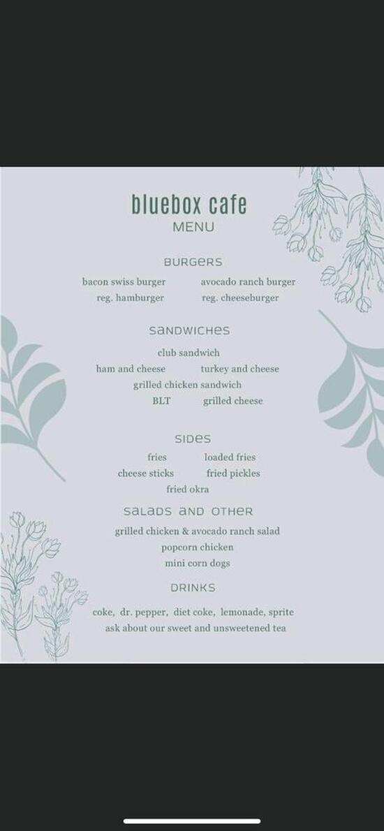 Menu at bluebox cafe, Brinkley