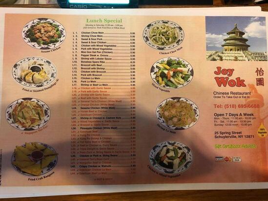Menu at Joy Wok restaurant, Schuylerville