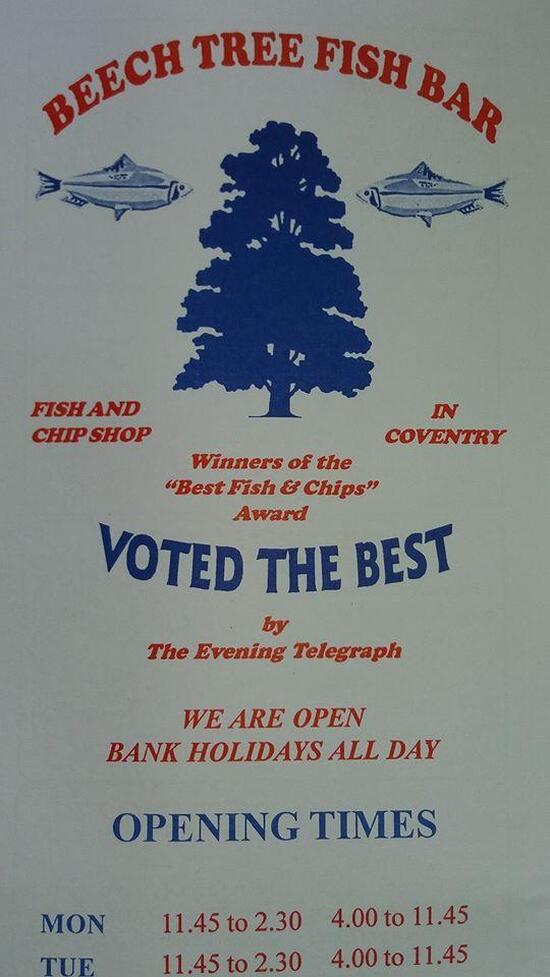Menu at Beech Tree Fish Bar, Coventry
