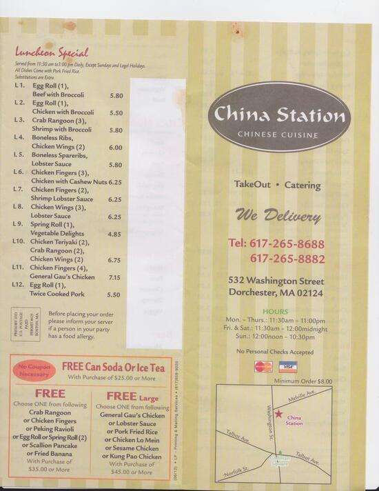 Menu at China Station restaurant, Boston, 532 Washington St