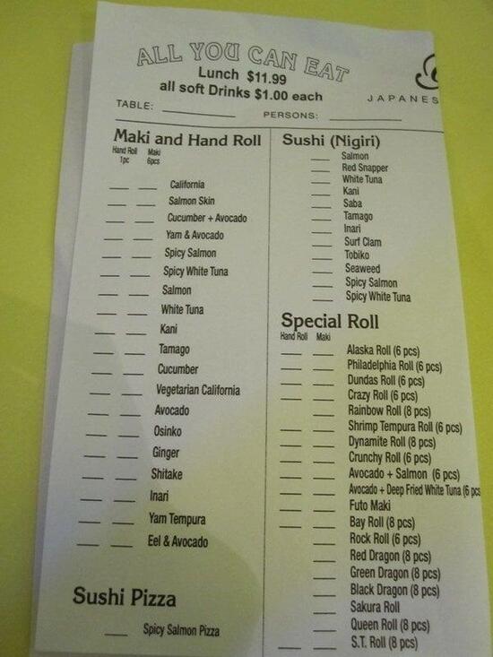 Menu at Yuki Sushi restaurant, Toronto