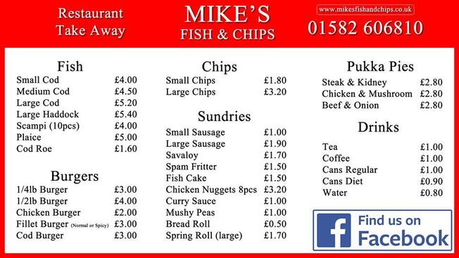 Menu at Mikes Fish and Chips restaurant, Dunstable