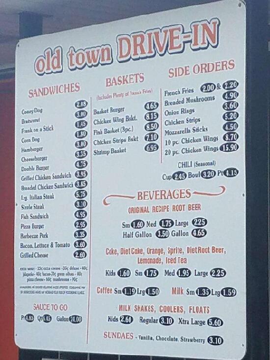 Menu at Old Town Drive-In fast food, Saginaw