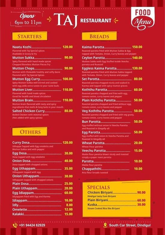 Menu at Taj Restaurant, Dindigul, S Car St