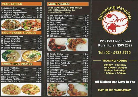 Menu at New Noodle Paradise restaurant, Kurri Kurri