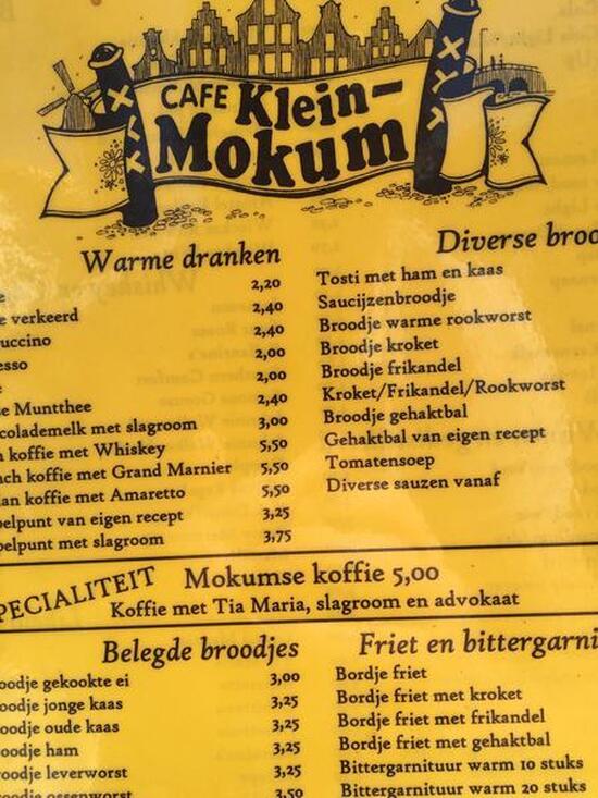 Menu at Klein Mokum, Beverwijk