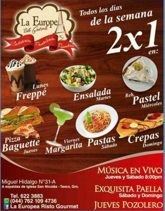 Carta del restaurante La Europea, Taxco